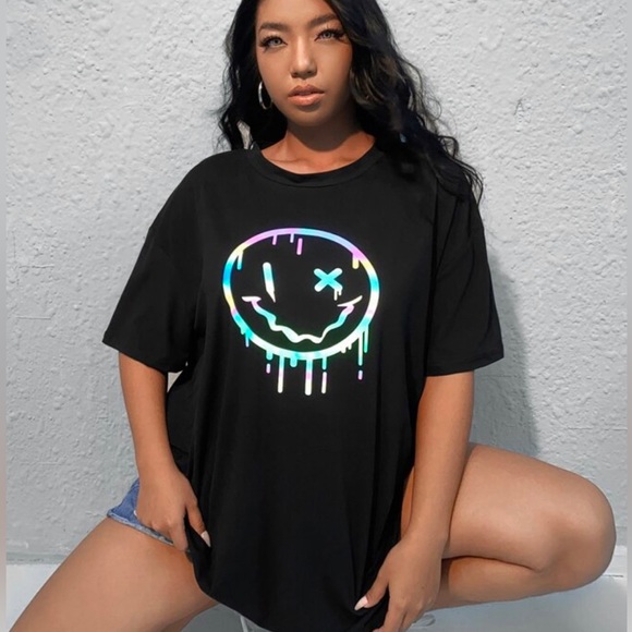 SHEIN | Tops | Reflective Smiley Face Tee | Poshmark